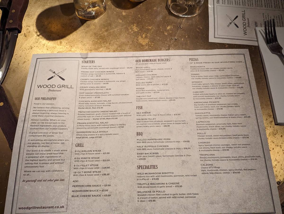 Menu at Wood Grill pizzeria, Stansted Mountfitchet