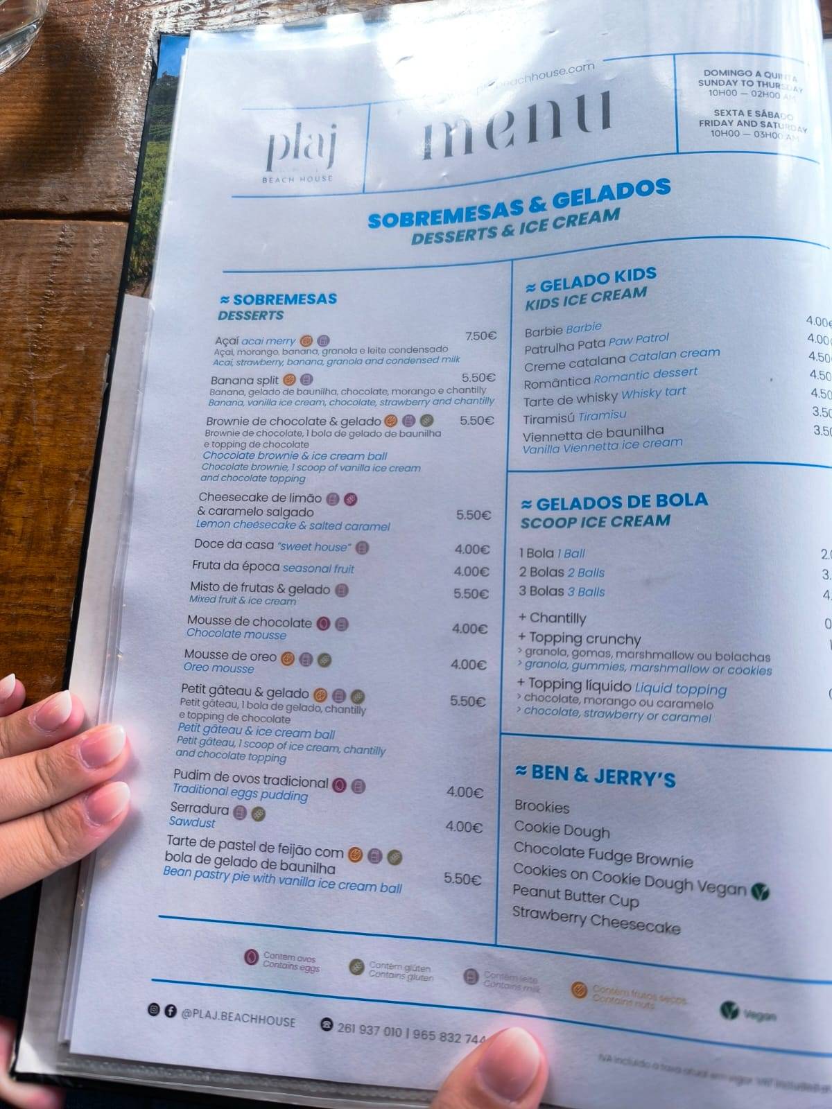 Menu at Plaj Beach House restaurant, Portugal