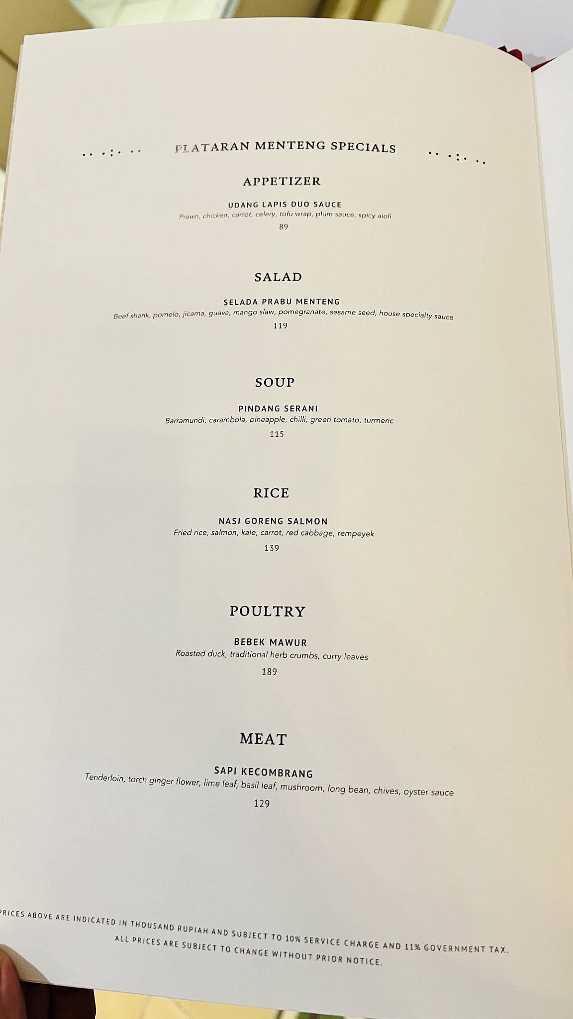 Menu at Plataran Menteng restaurant, Jakarta, Jl. HOS. Cokroaminoto No.42 6
