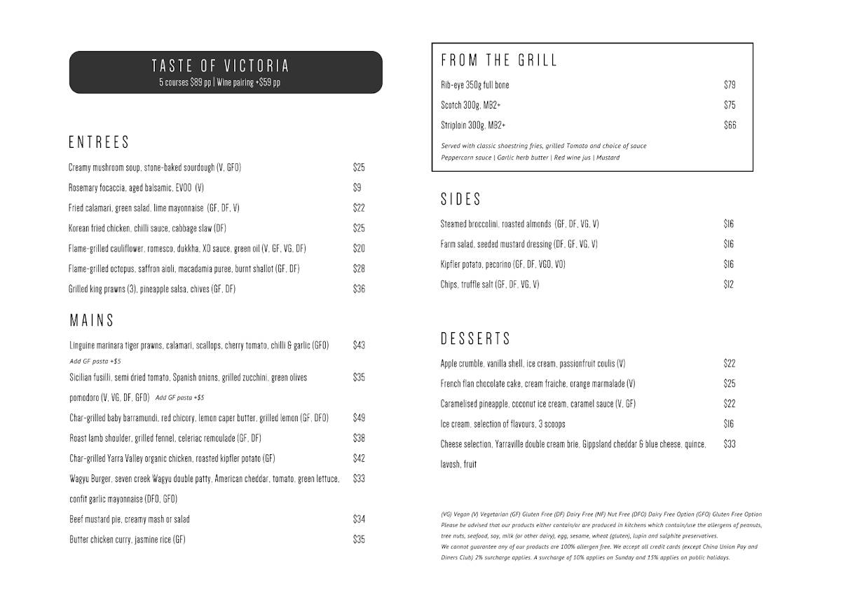 Menu at Platform 270 restaurant, Melbourne