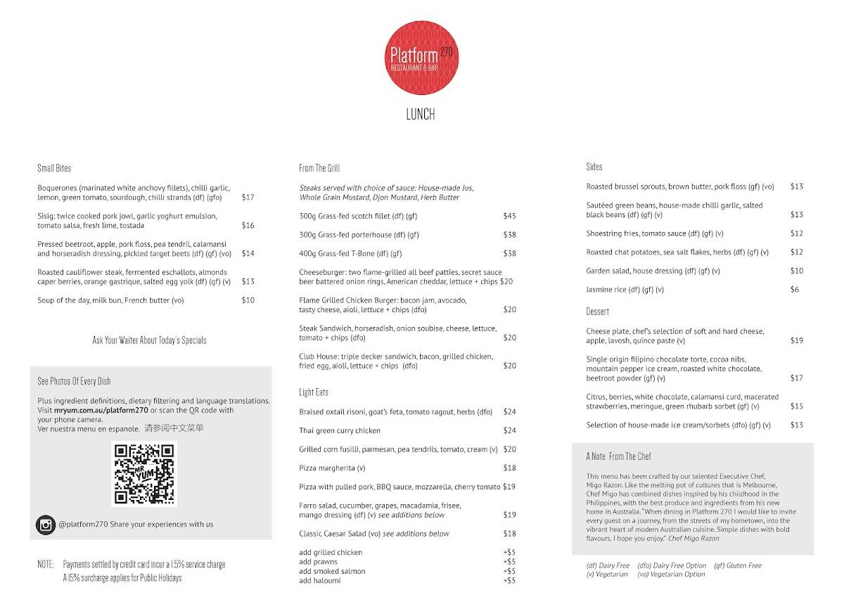Menu at Platform 270 restaurant, Melbourne