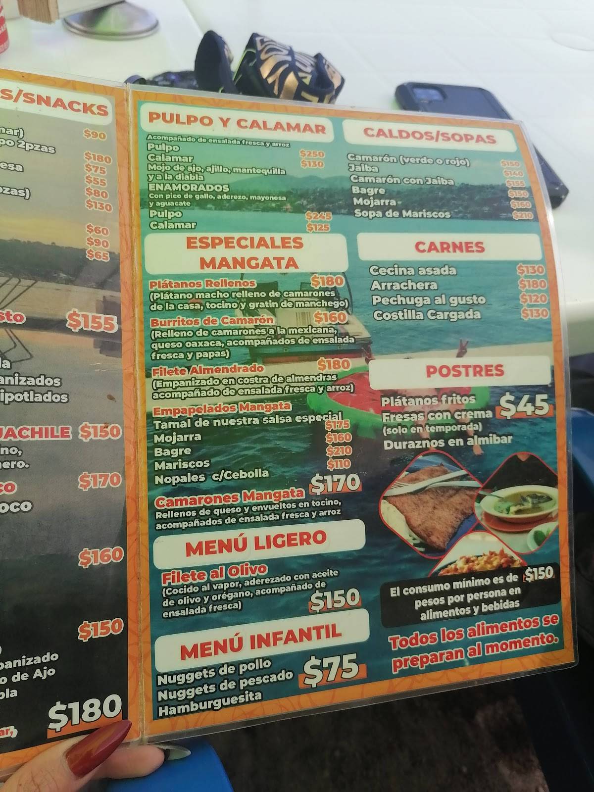 Carta del restaurante Playa Mangata, Tequesquitengo