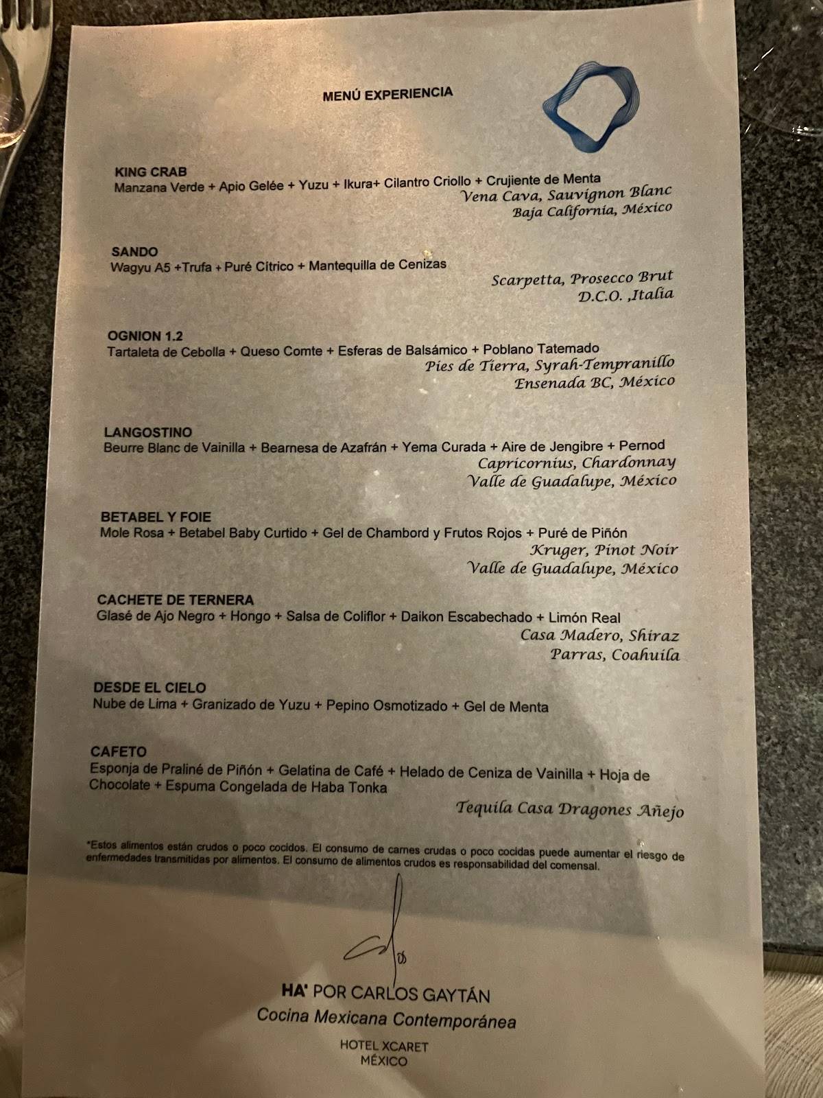 Carta de Ha - Restaurante Hotel Xcaret, Playa del Carmen