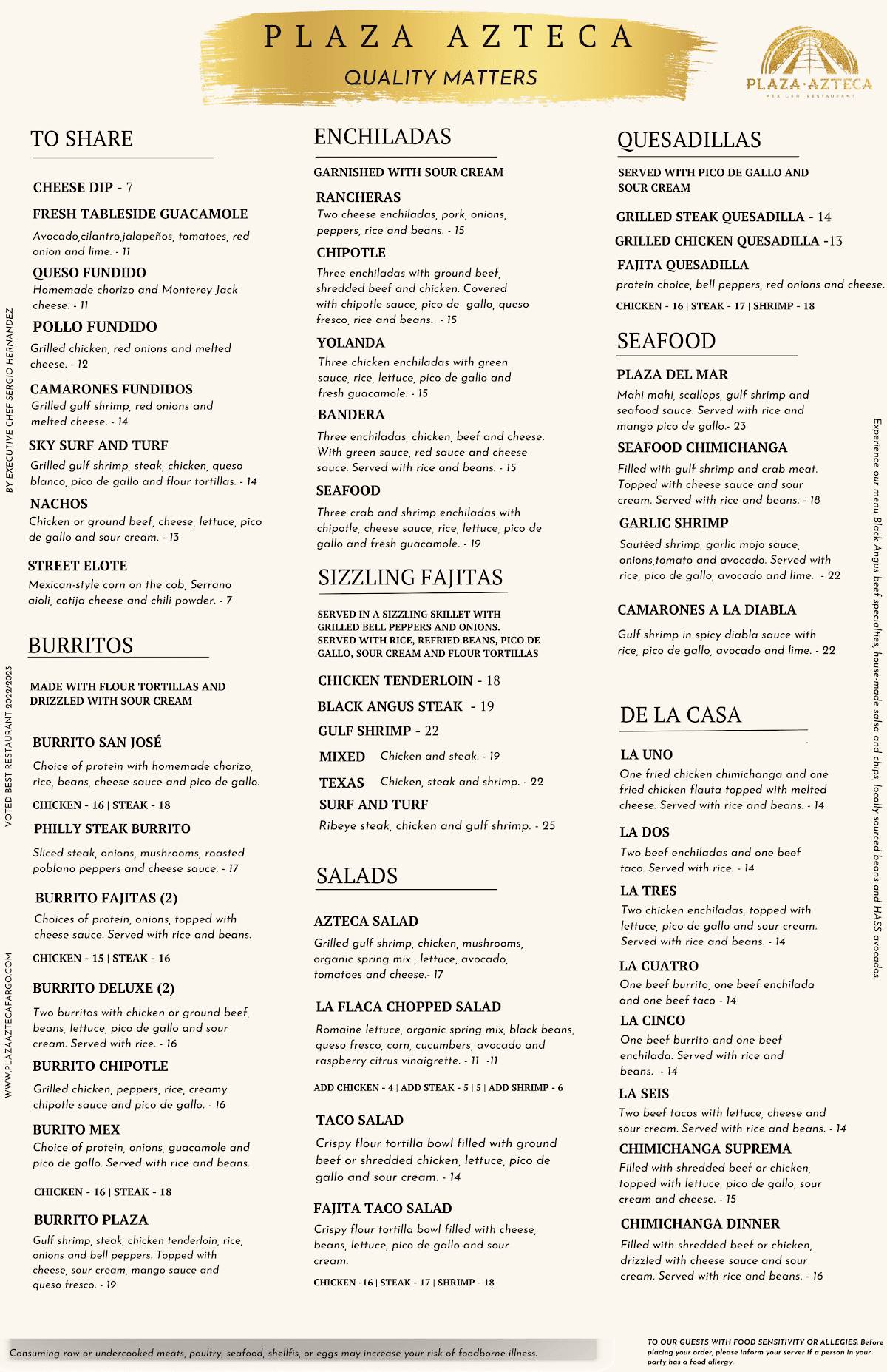 Menu at Plaza Azteca Mexican Restaurant Veterans, Fargo