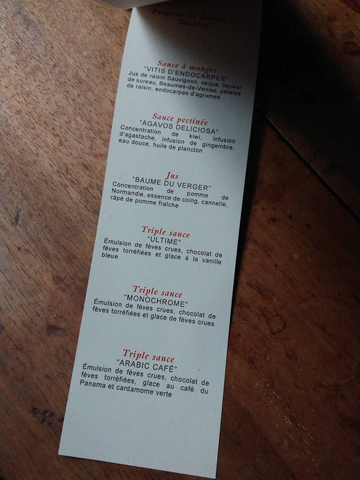 Menu at Plénitude restaurant, Paris