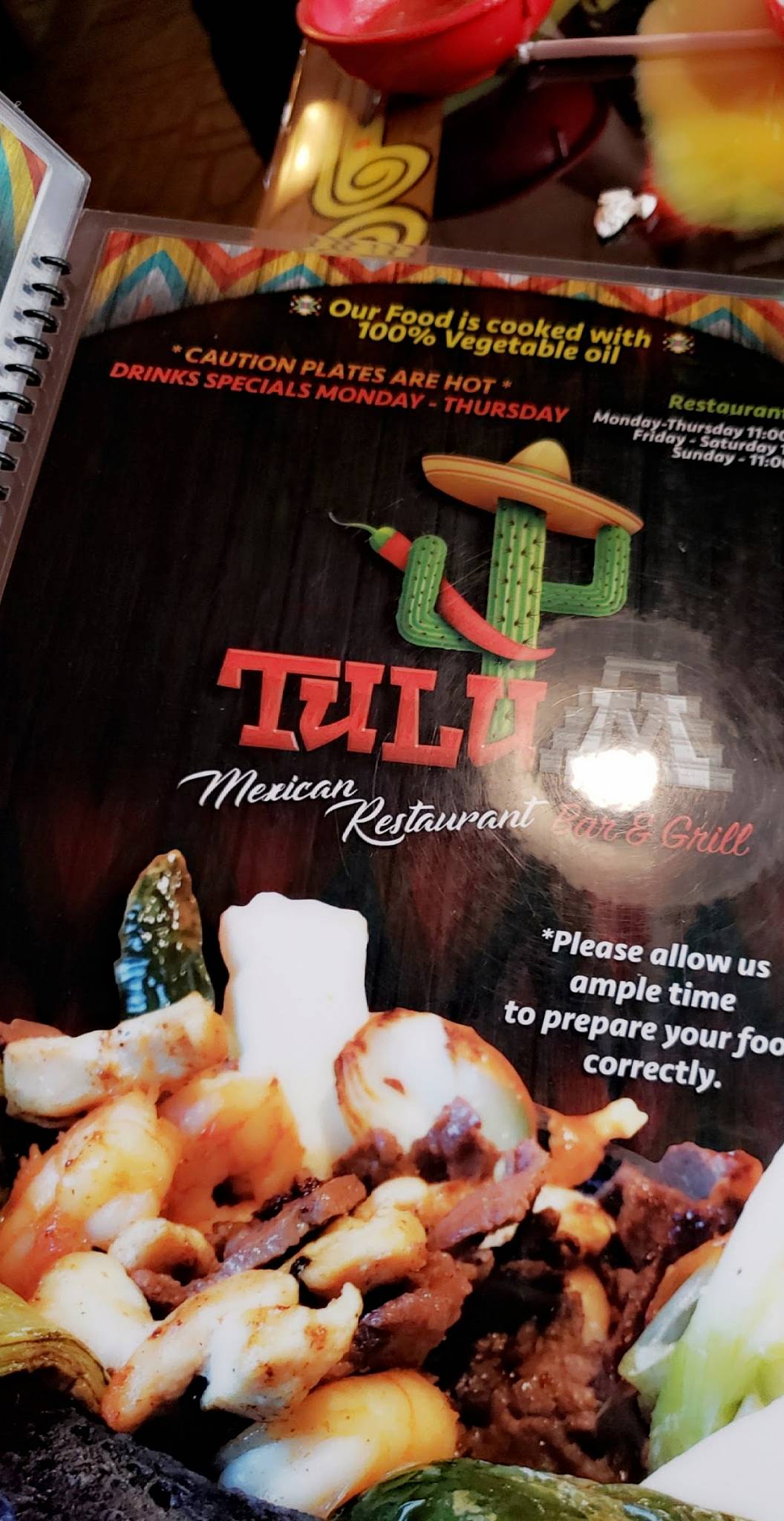 Menu at Tulum restaurant, Plover