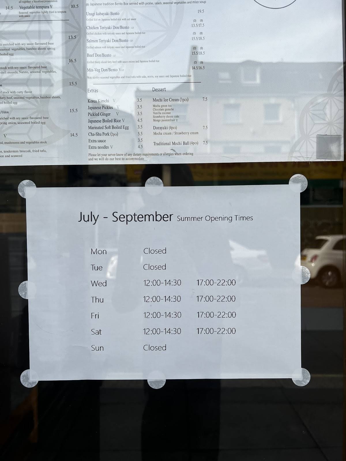 Menu at KYOWA restaurant, Plymouth
