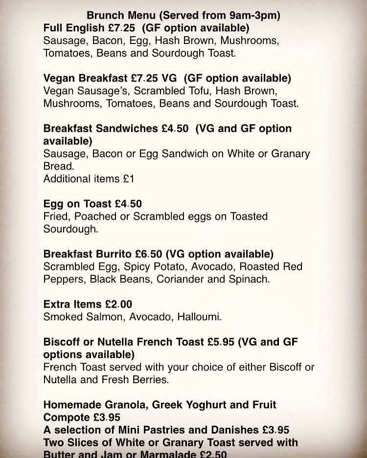 Menu at The Olive Branch cafe, Plymouth