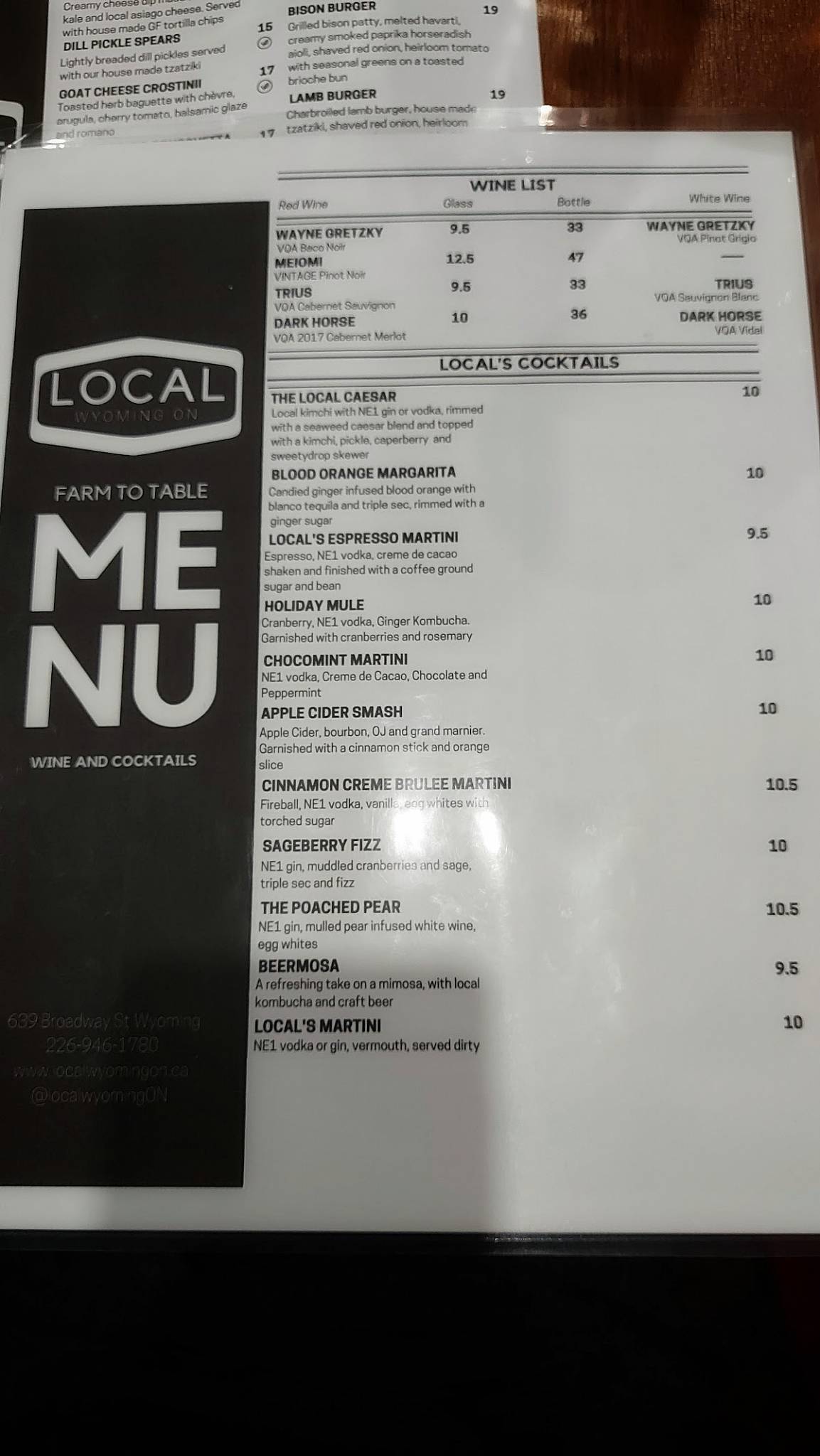 Menu at LOCAL Wyoming ON restaurant, Plympton-Wyoming