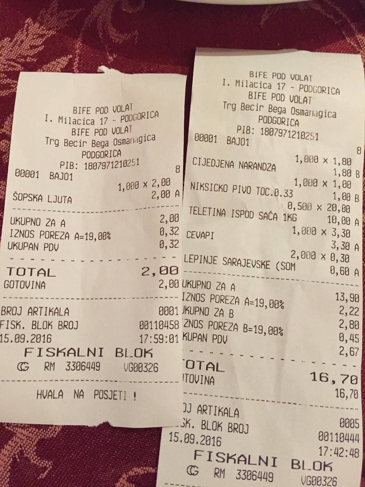 Menu at Pod Volat restaurant, Podgorica