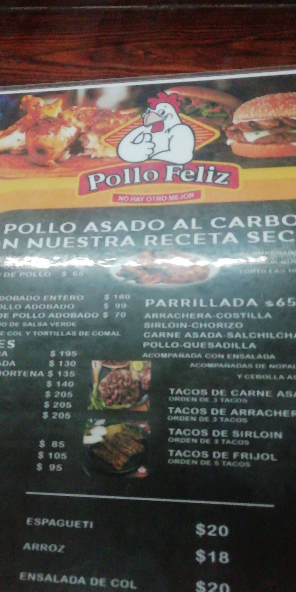 Carta del restaurante Pollo Féliz, Zihuatanejo, Av. Benito Juárez 7