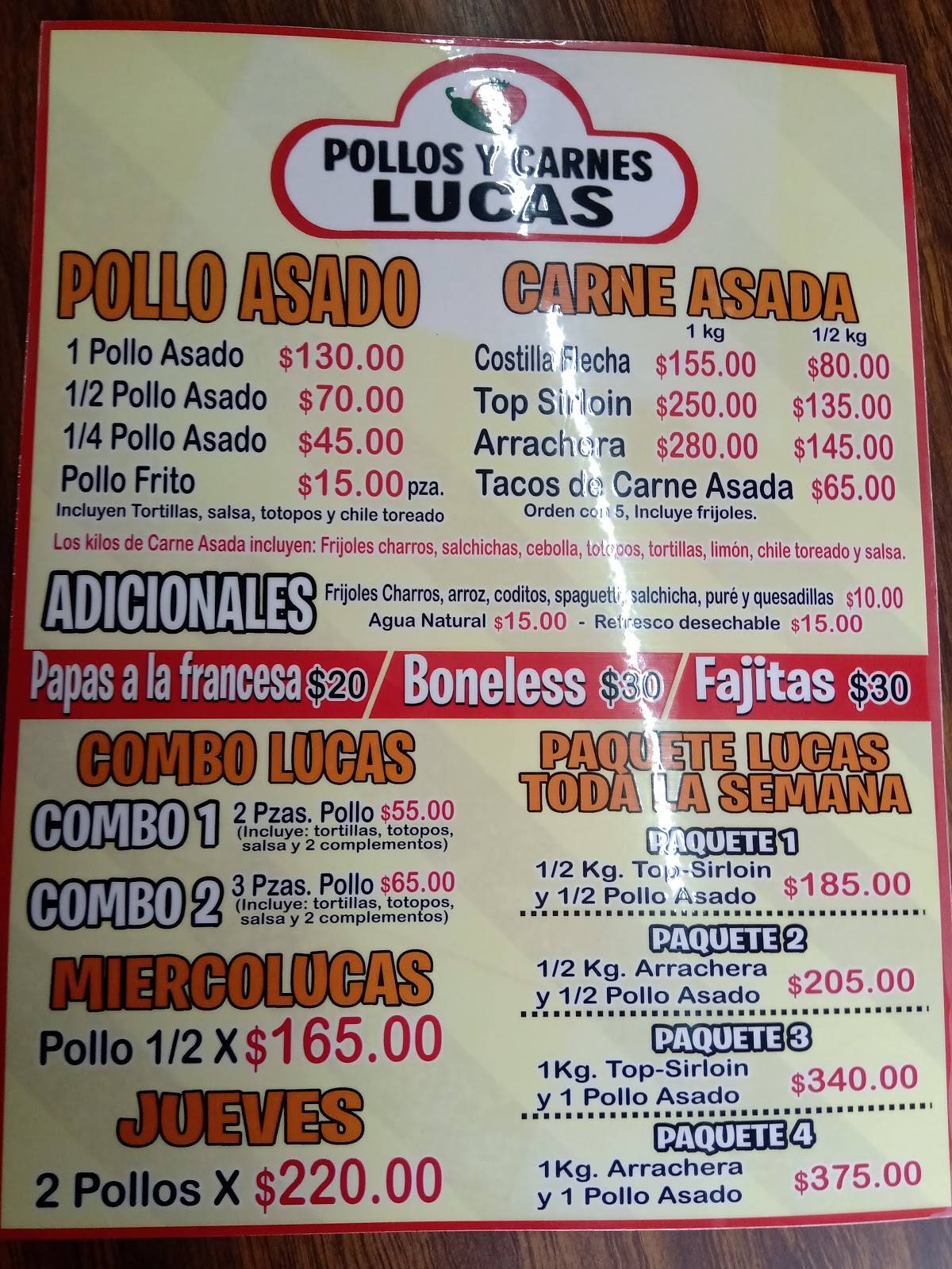 Carta del restaurante Pollo Lucas, Monterrey