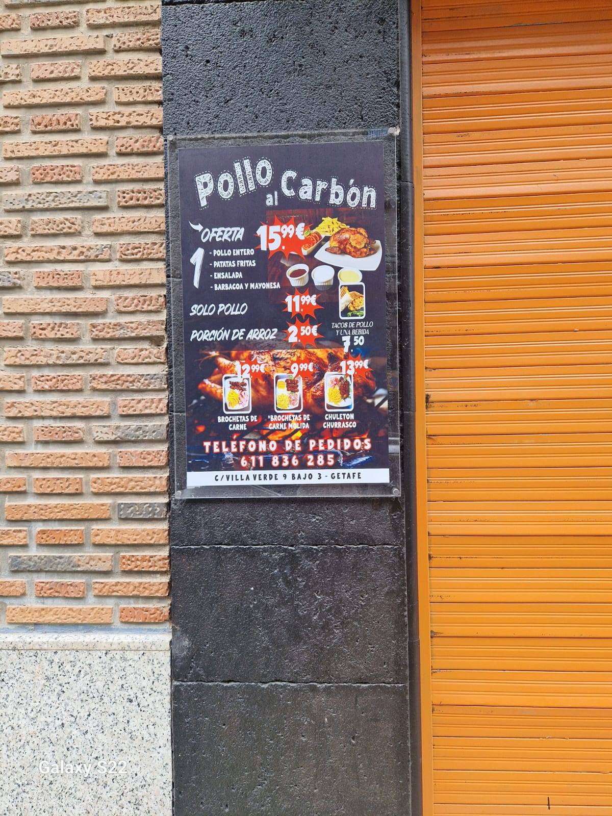 Menu at Pollo al carbón restaurant, Getafe