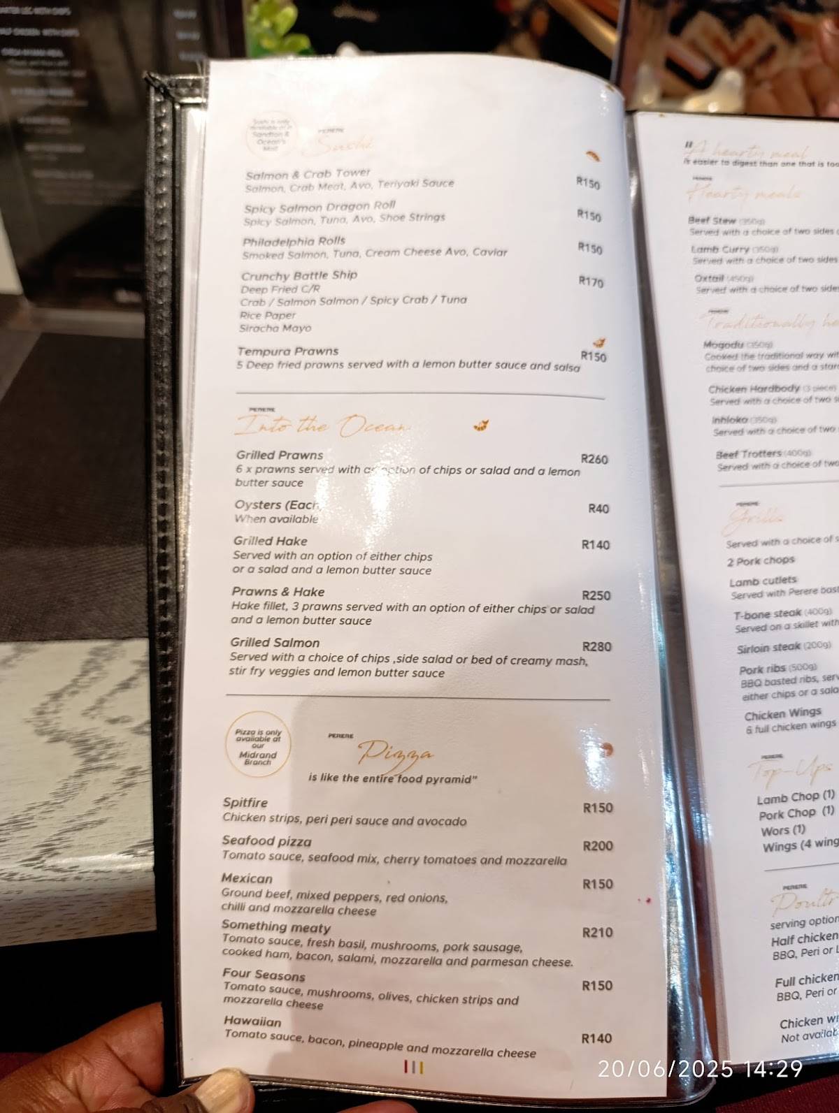 Menu at Perere Polokwane restaurant, Polokwane