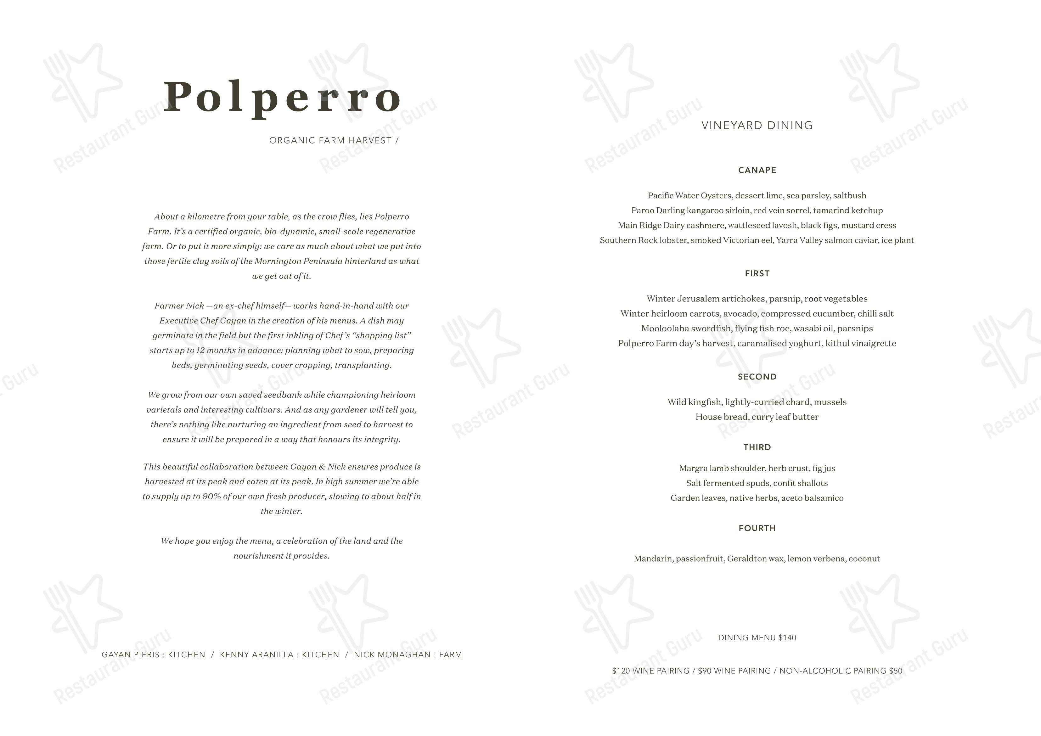 Menu at Polperro Winery restaurant, Red Hill