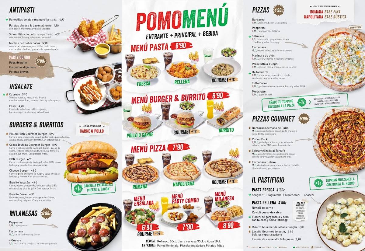 Menu at Pomodoro pizzeria, Madrid, Centro Comercial Las Rosas