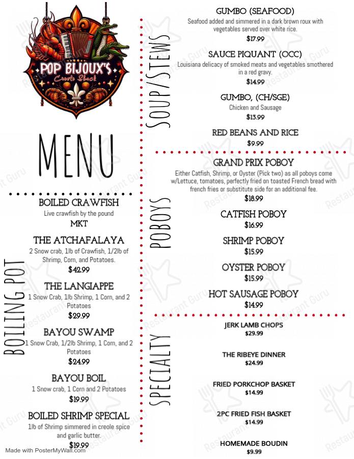 Menu at Pop Bijoux's Creole Shack- Heights restaurant, Houston ...