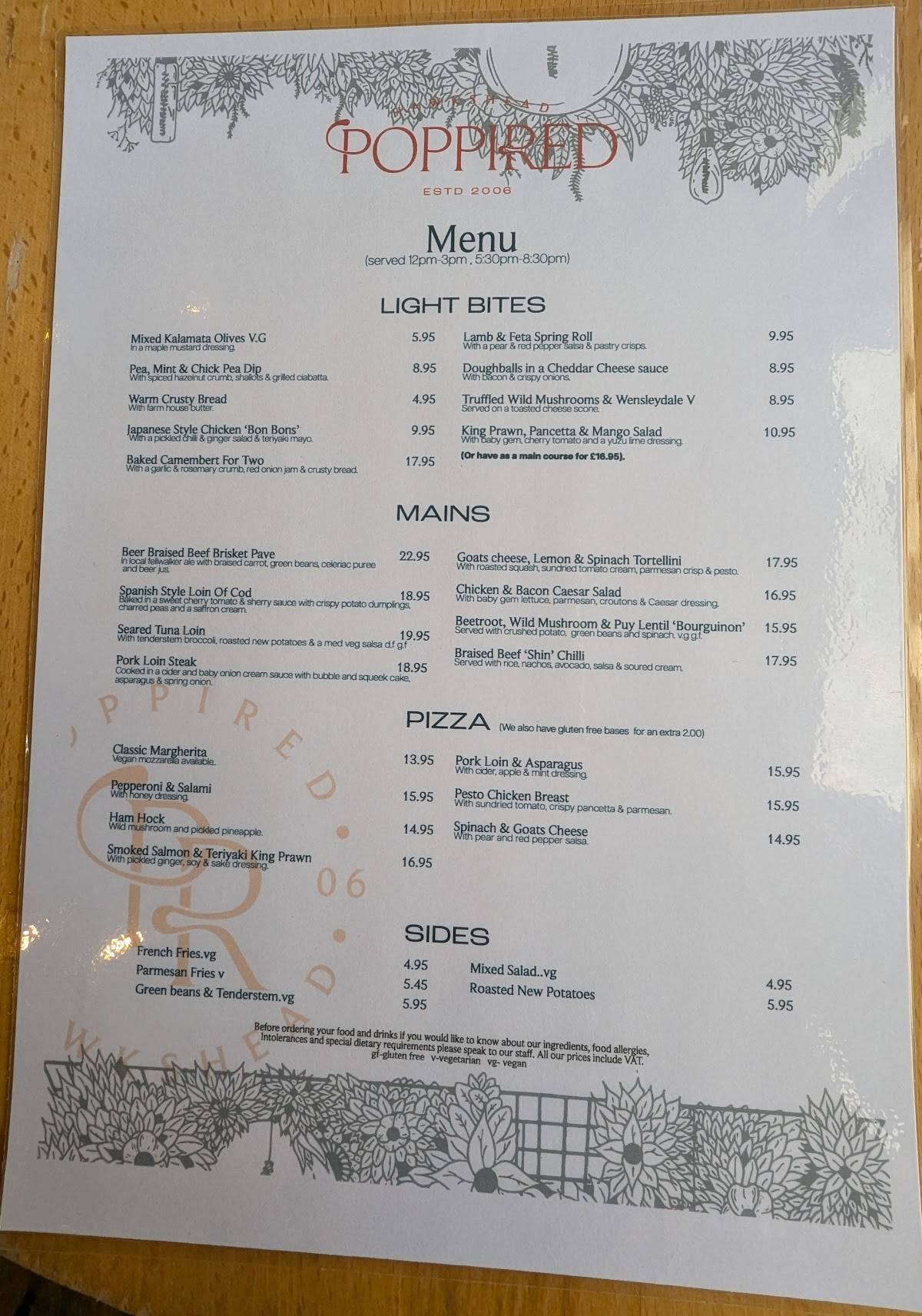 Menu at Poppi Red cafe, Hawkshead, Main St