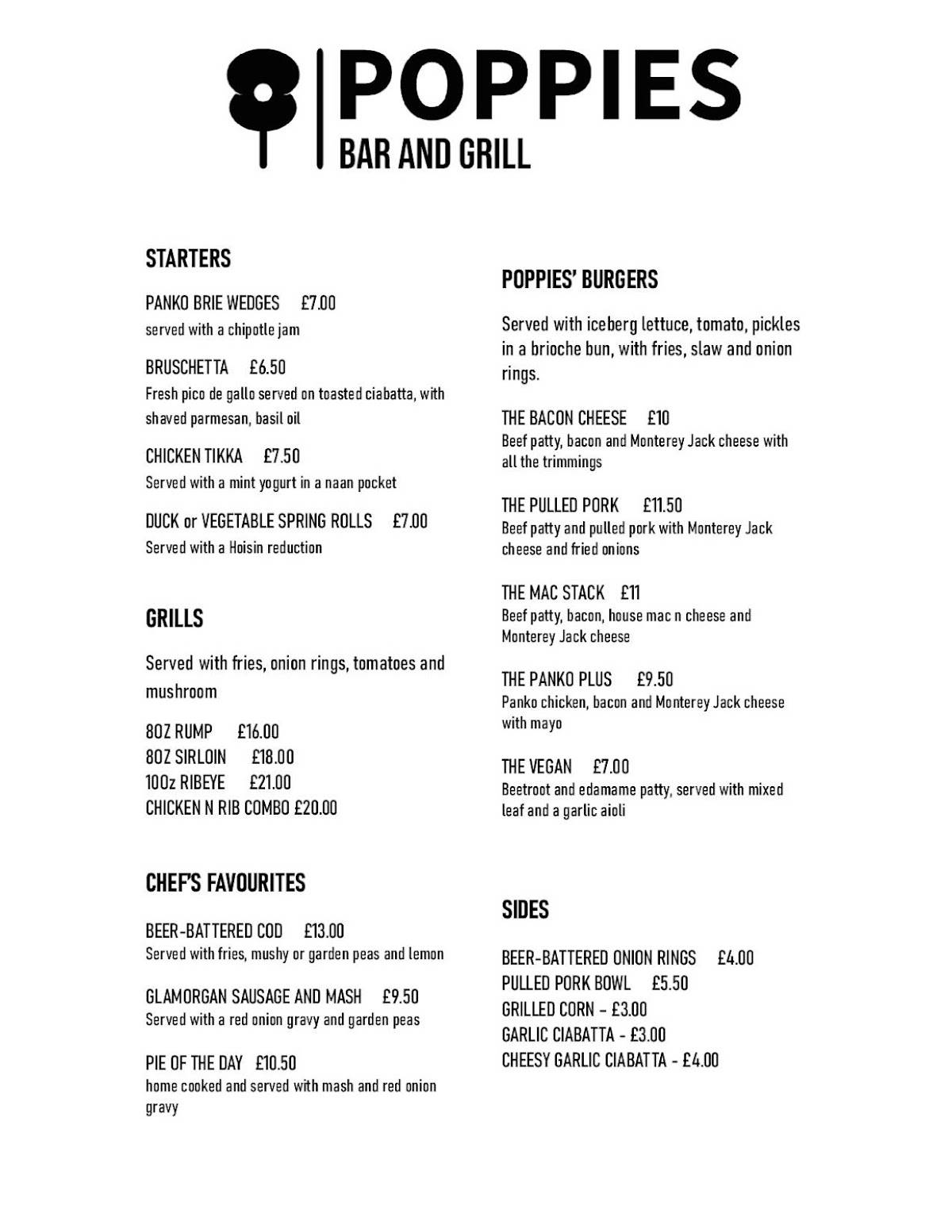 Menu at Poppies Bar and Grill, Burry Port