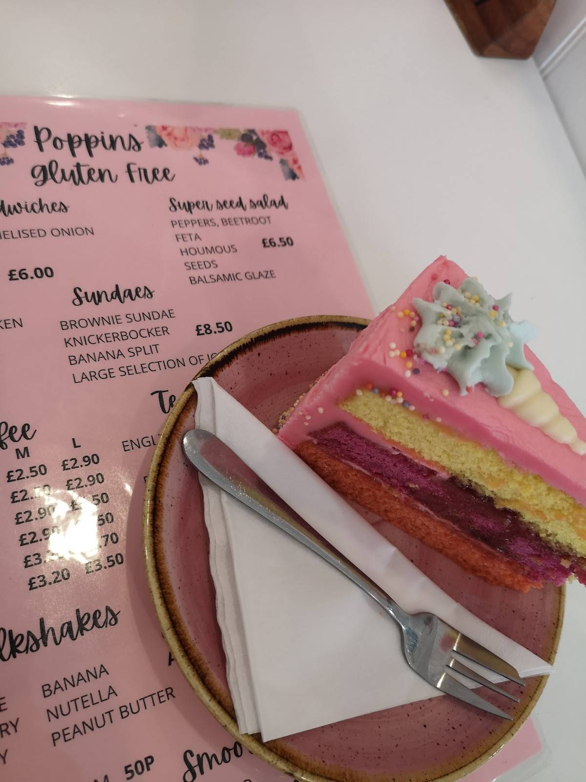 Menu at Pop-Pins cafe, Frinton-on-Sea
