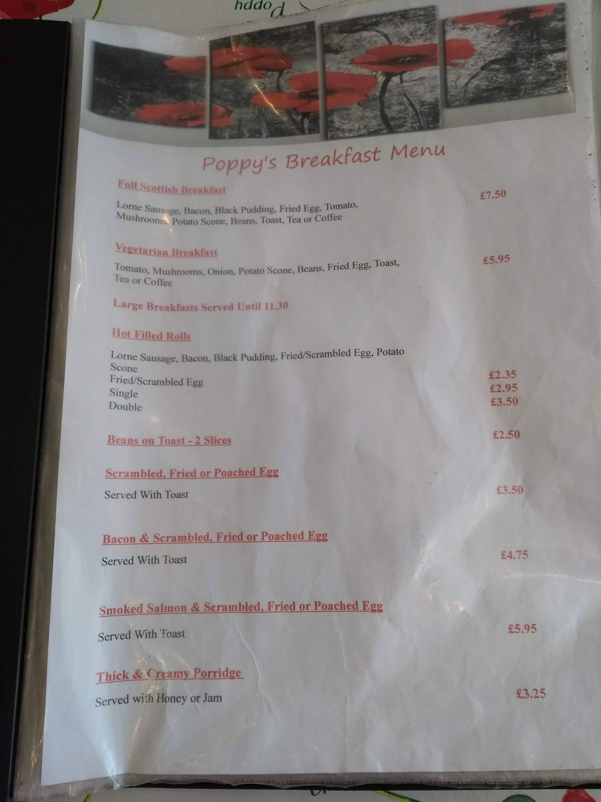Menu at Poppy's Coffee Shop cafe, Golspie