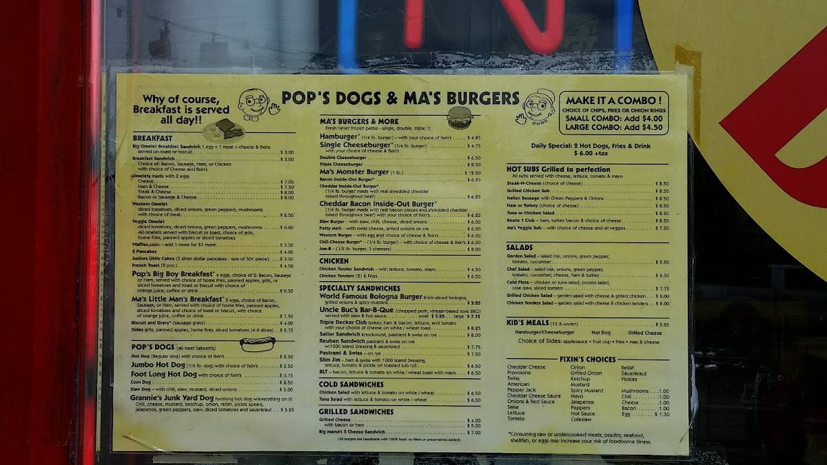 Menu at Pop's Dogs & Ma's Burgers restaurant, Richmond