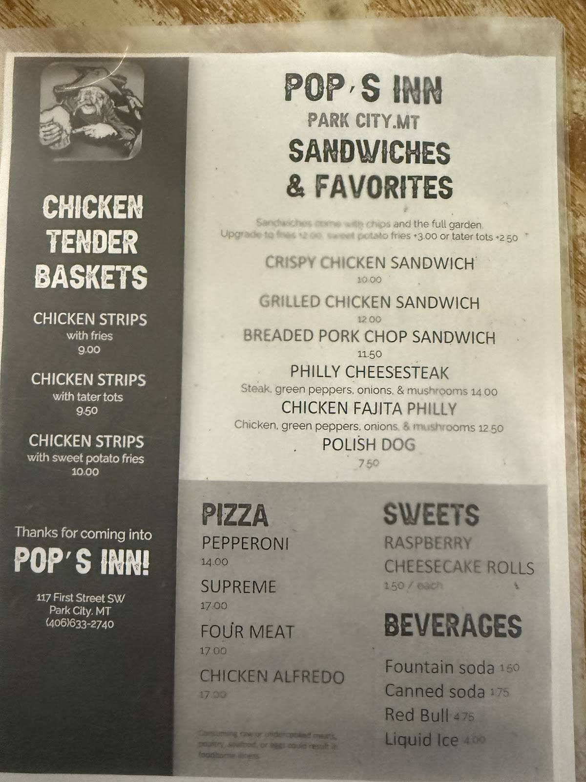 Menu at Pop's Inn pub & bar, Park City, 117 1st St SW