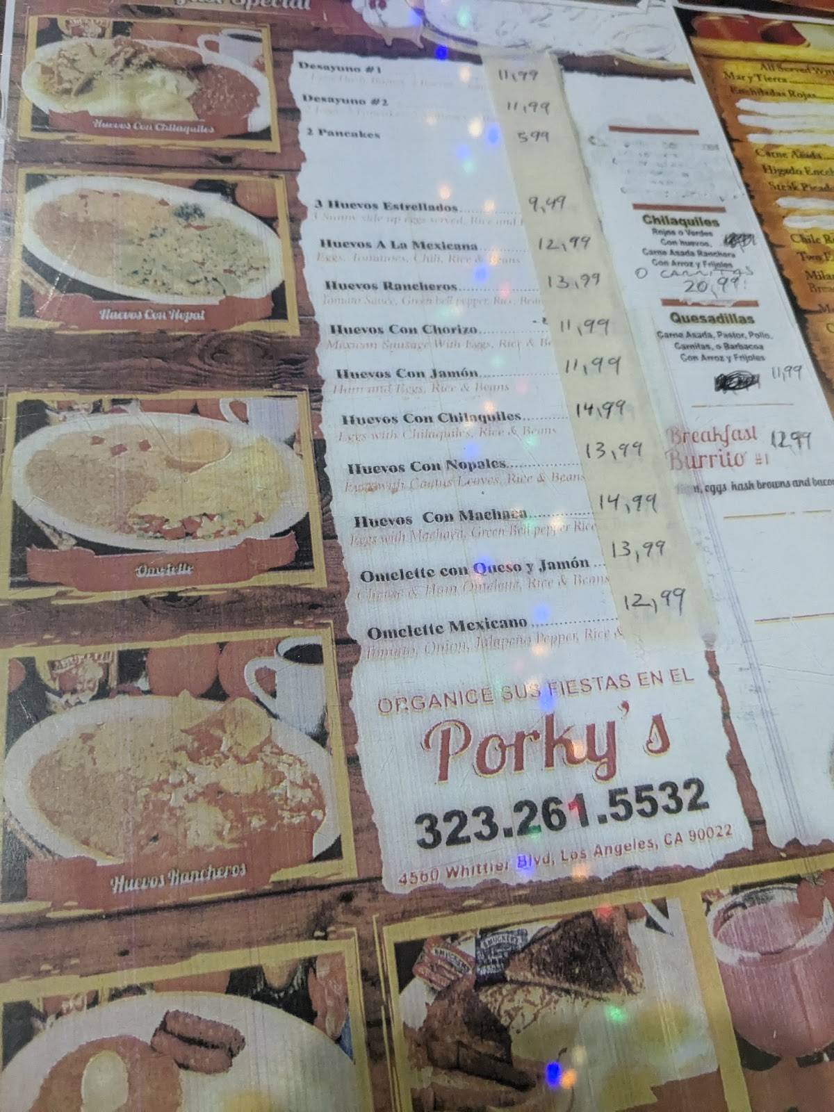 Menu at Porky's Restaurant Mexican Food, East Los Angeles, Whittier Blvd