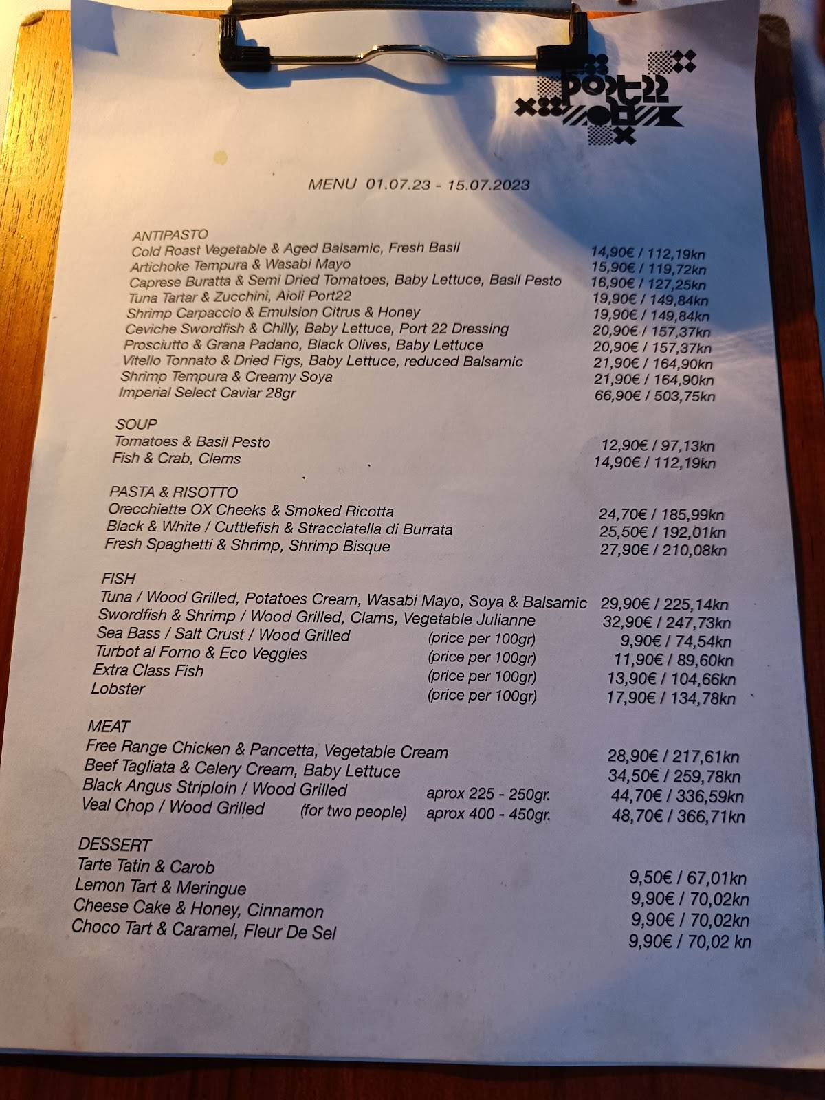 Menu at Port 22 pub & bar, Dubrovnik