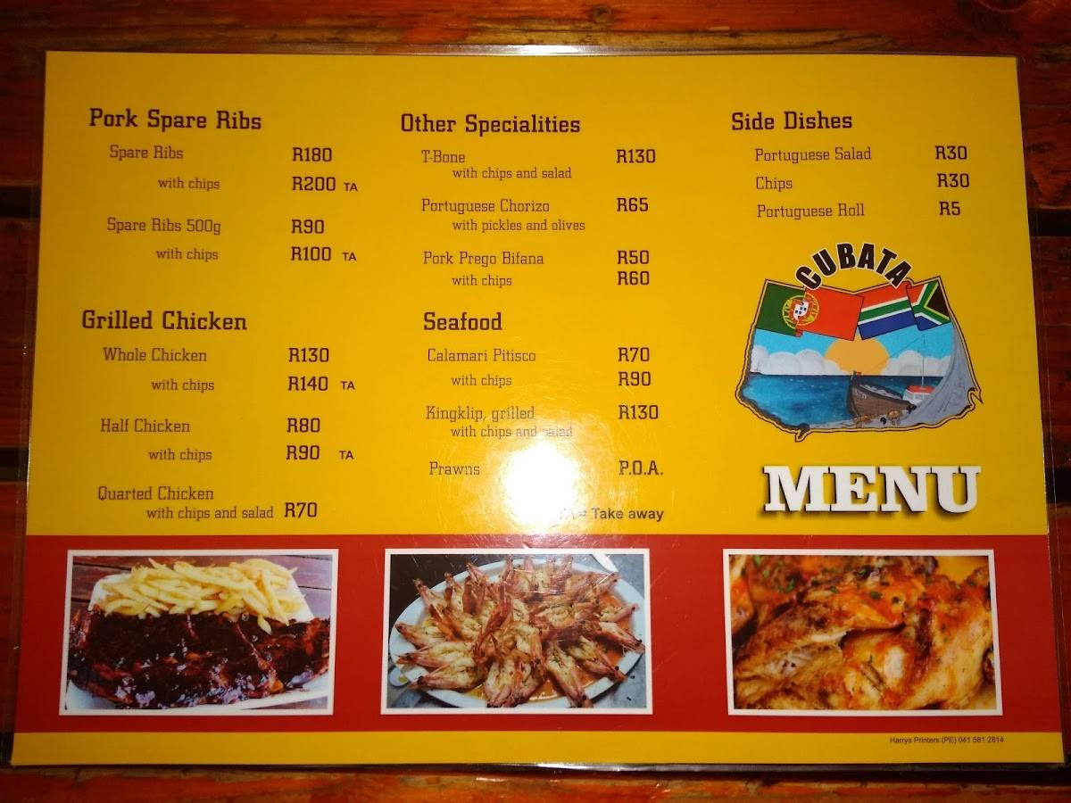 Menu at Cubata Sydenham Port Elizabeth restaurant, Port Elizabeth