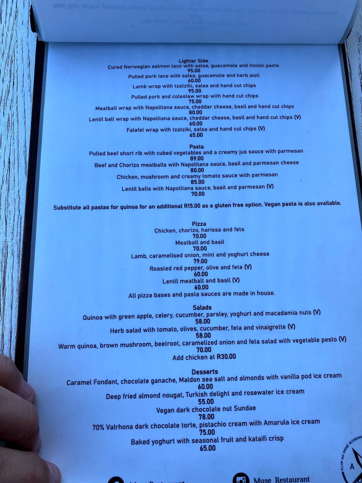 Menu at Muse Restaurant, South Africa