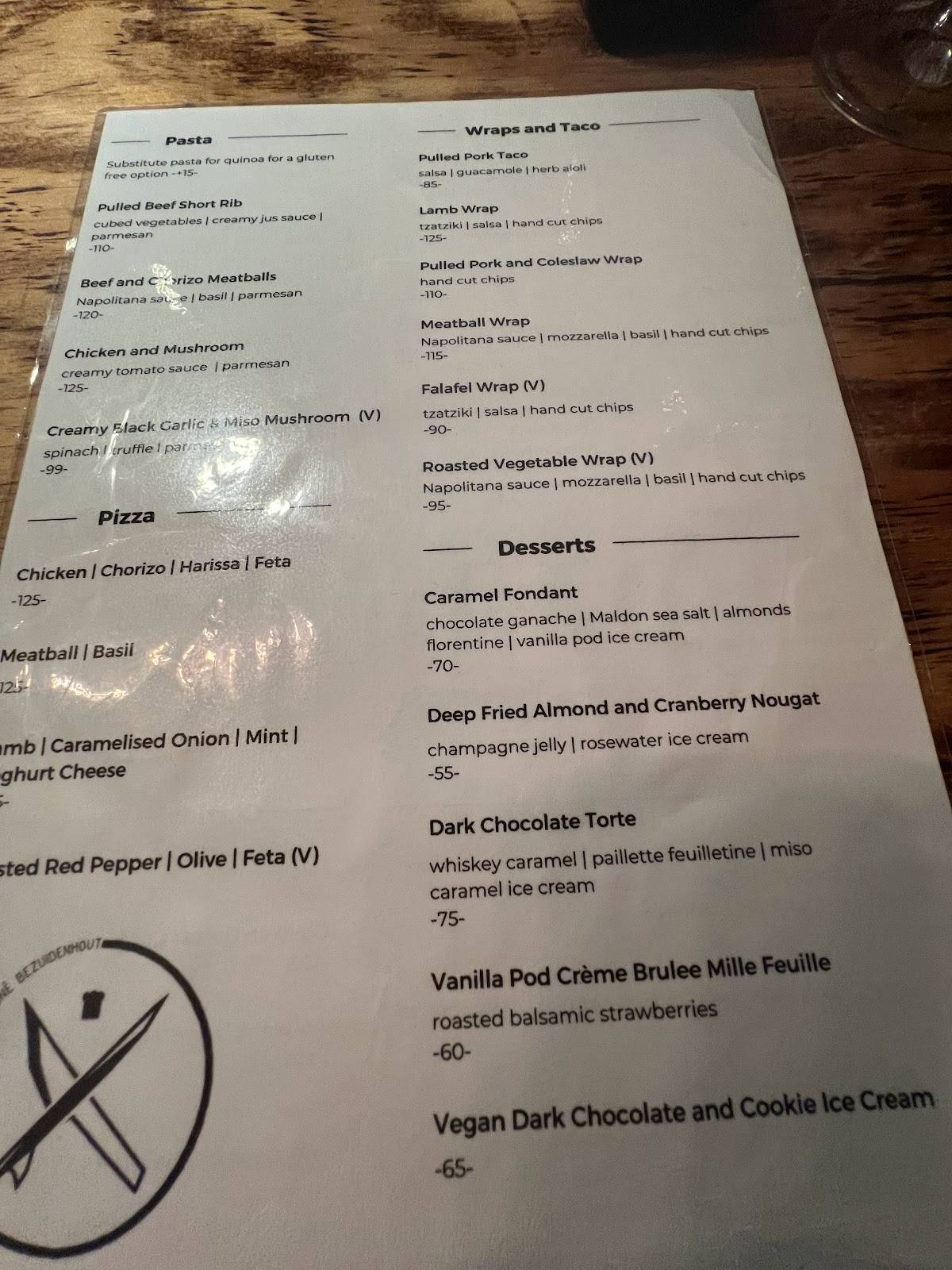 Menu at Muse Restaurant, South Africa