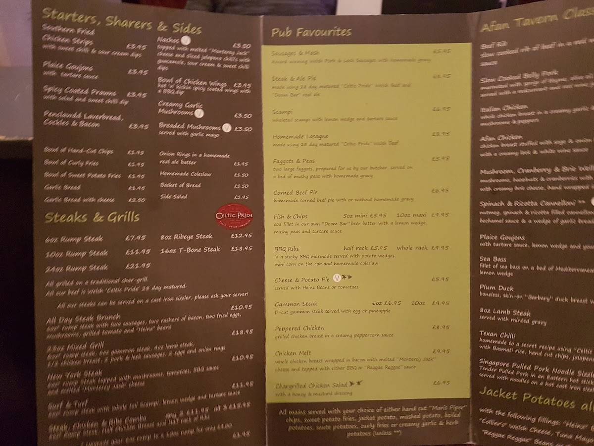 Menu at Afan Tavern pub & bar, Port Talbot