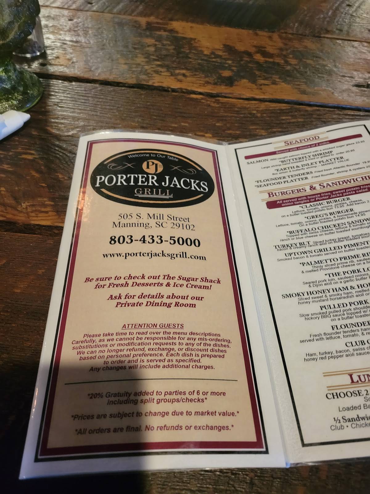 Menu at Porter Jacks Grill steakhouse, Manning