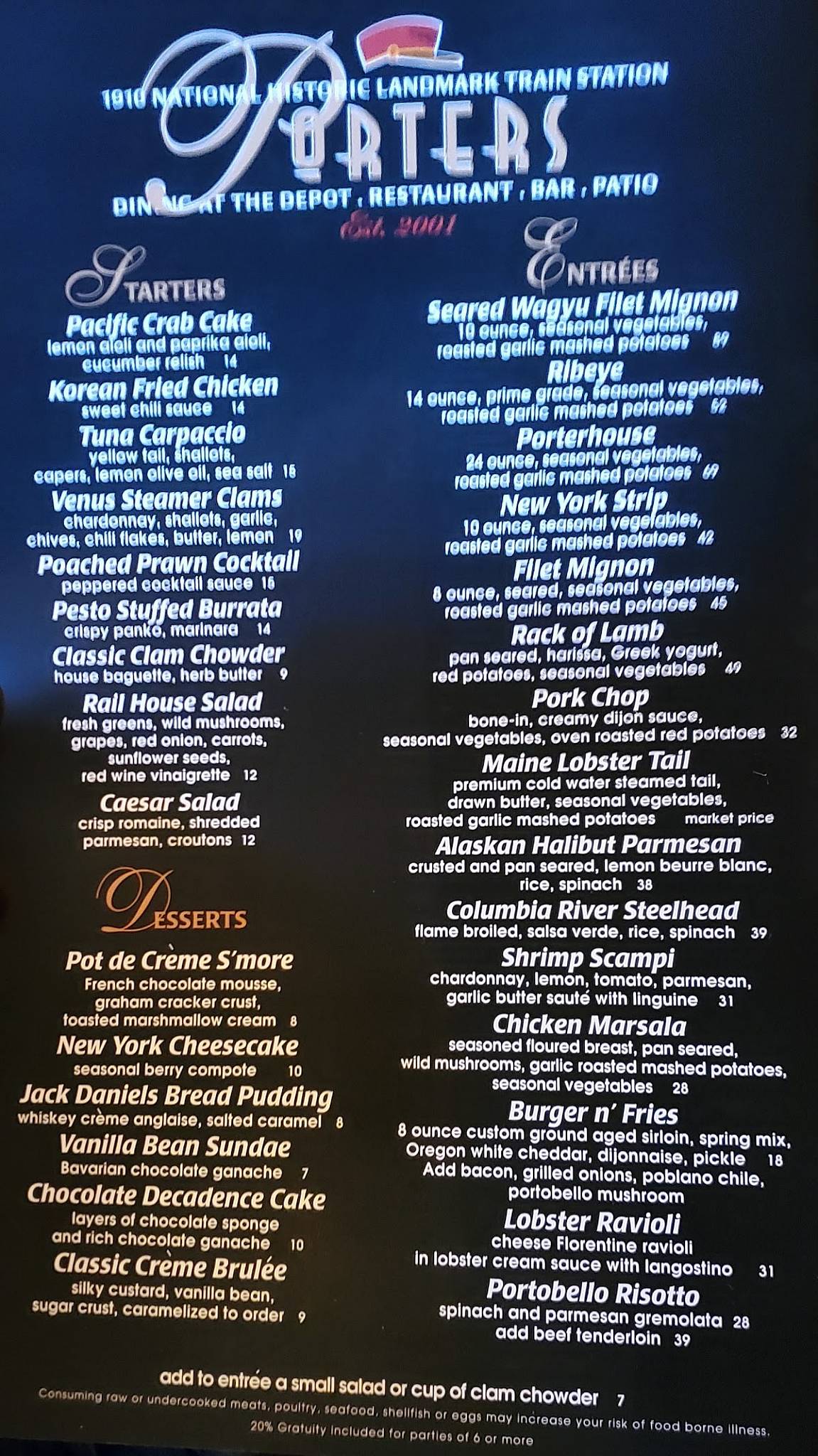 Menu at Porters - Dining At The Depot steakhouse, Medford