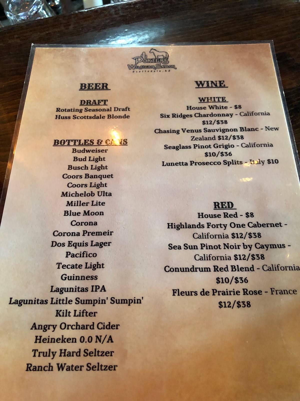 Menu at Porters Western Saloon pub & bar, Scottsdale