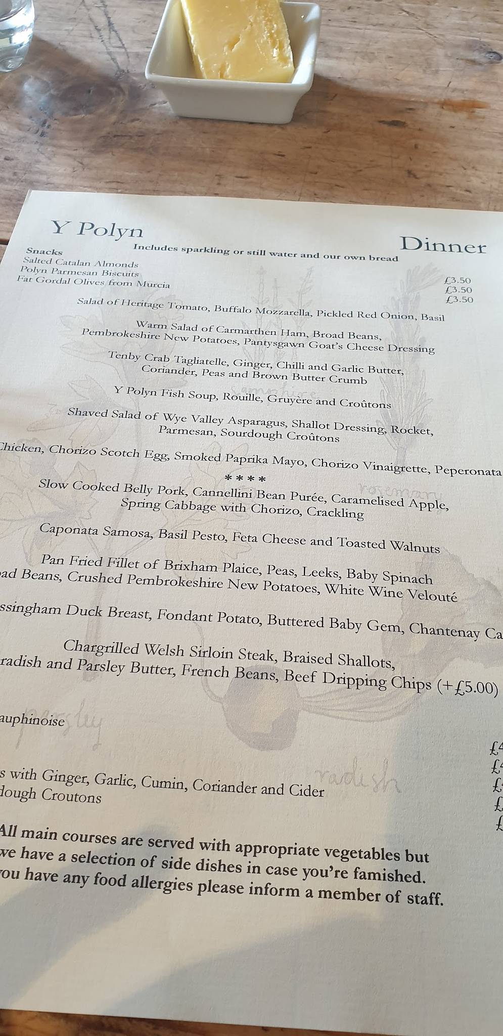 Menu at Y Polyn restaurant, Porthyrhyd, Nantgaredig