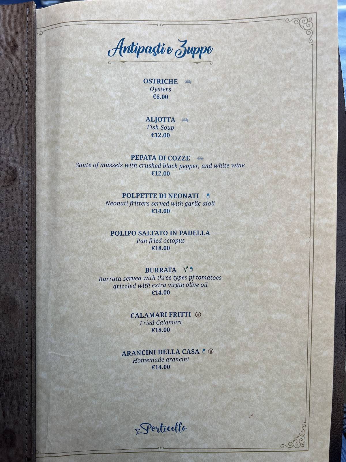 Menu at Porticello Restaurant, Valletta