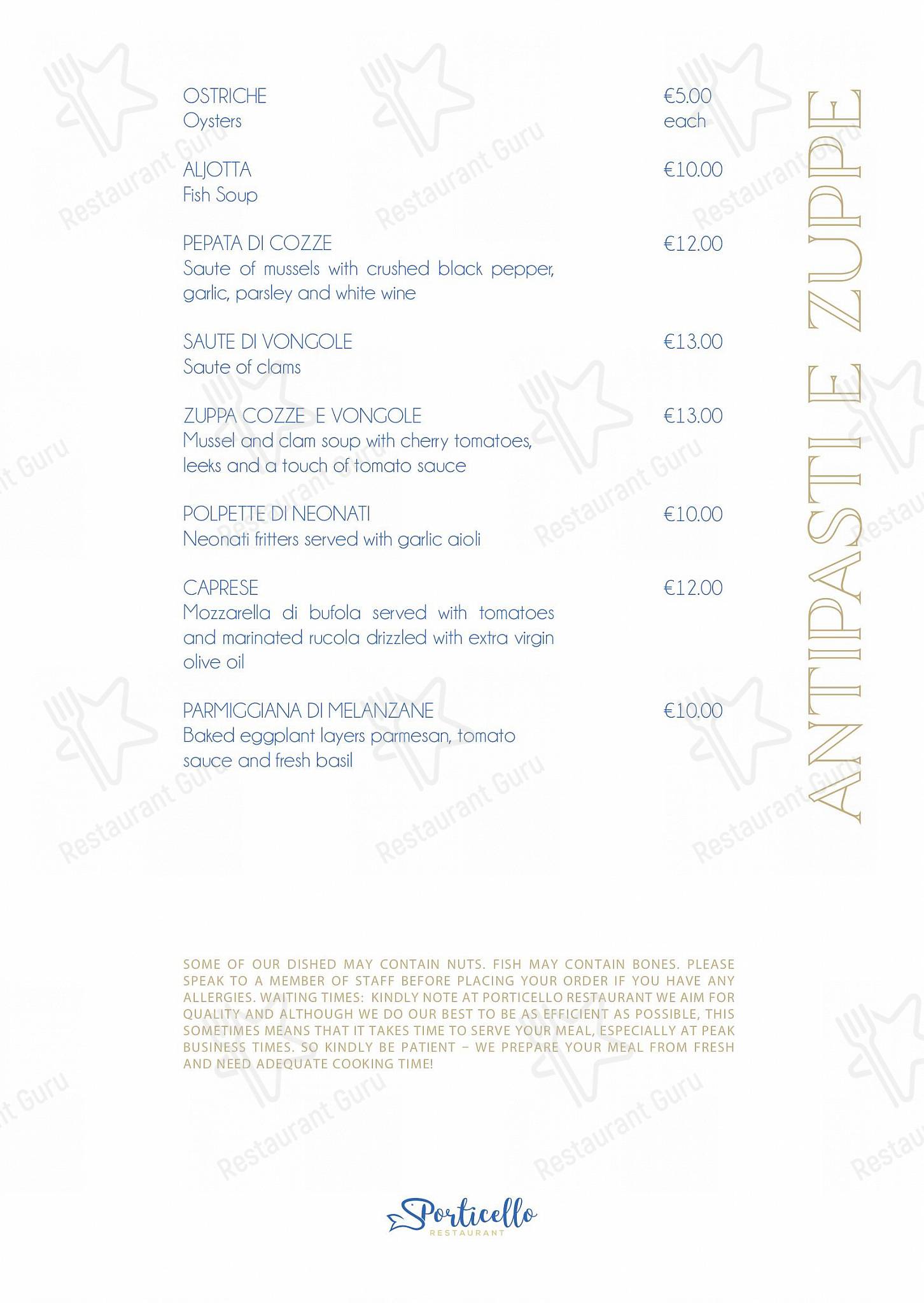 Menu at Porticello Restaurant, Valletta