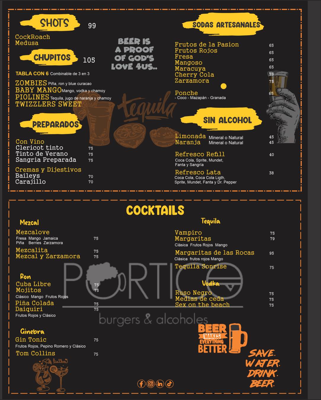 Carta del restaurante Pórtico, Burgers & Alcoholes, Ciudad Guzmán