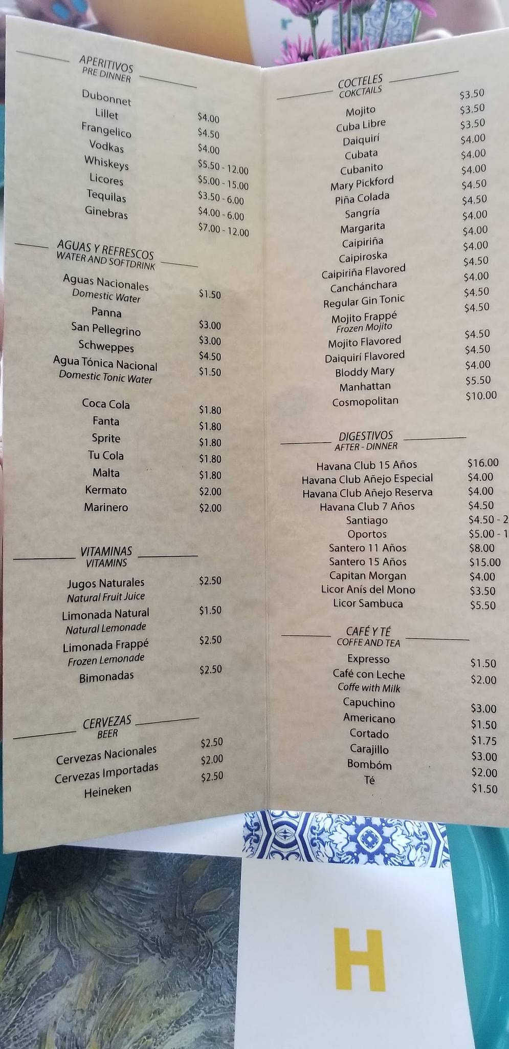 Carta del restaurante Porto Habana, La Habana