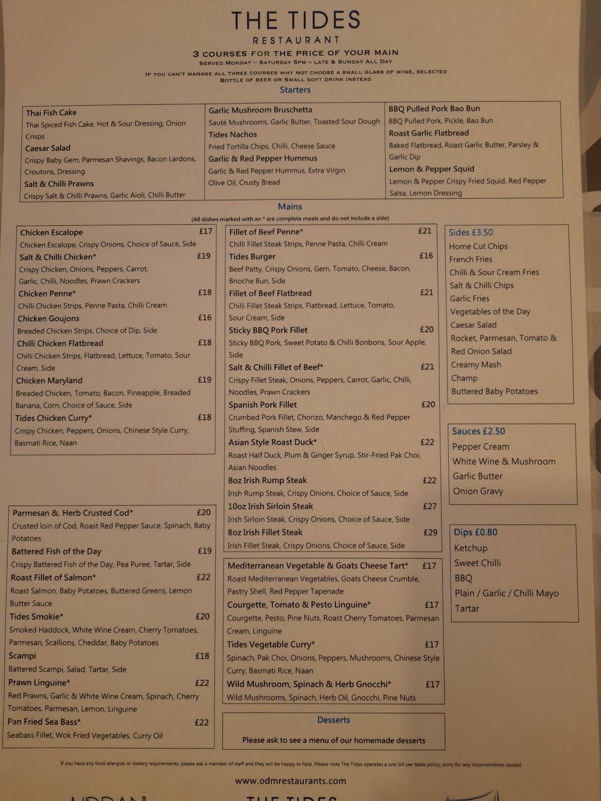 Menu at The Tides Restaurant, Portrush