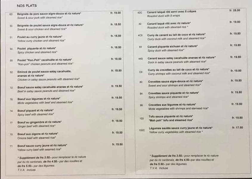 Menu at Pousse-Pousse, Geneva