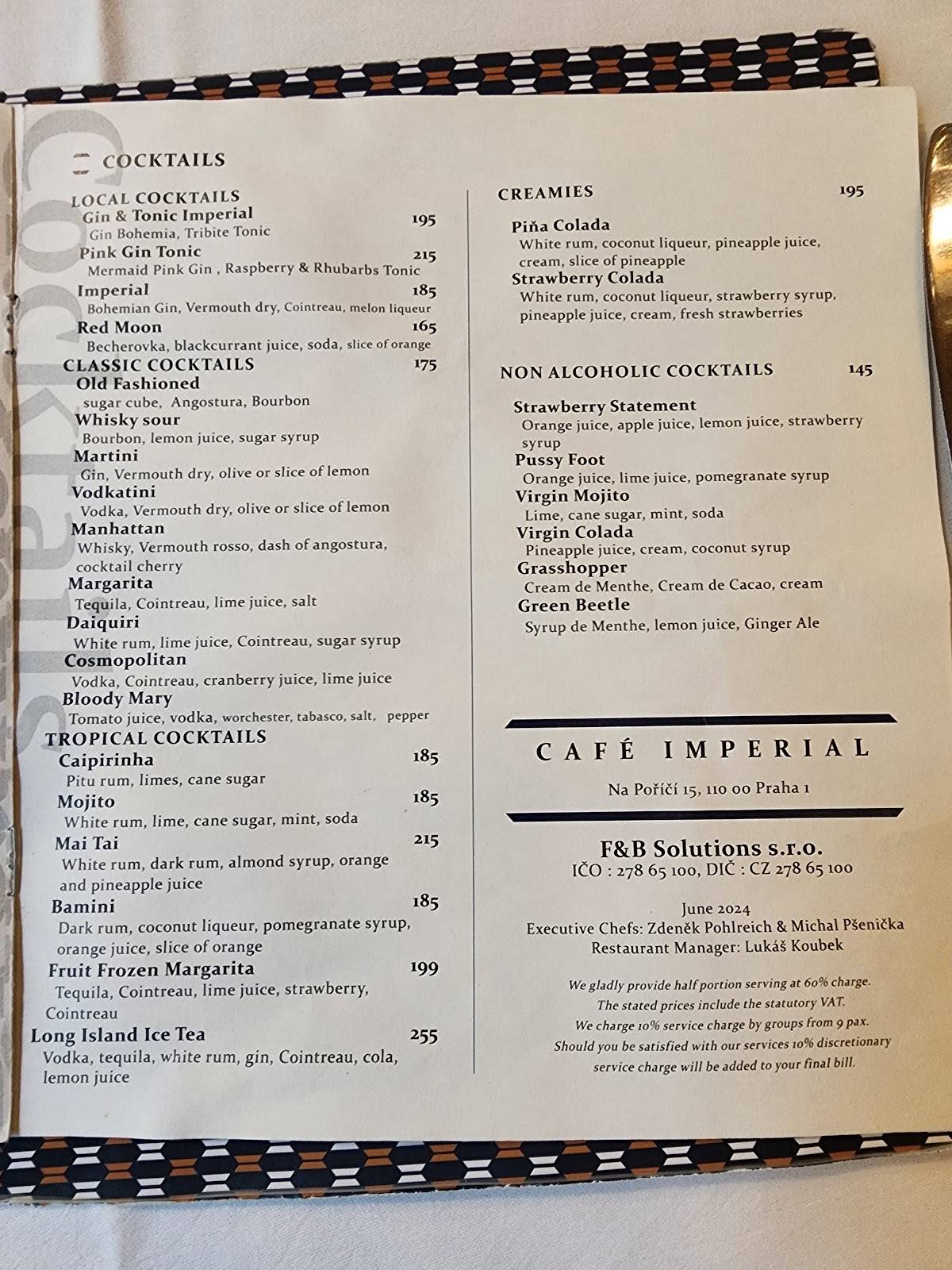 Menu at Café Imperial cafe, Prague, Na Poříčí 1072/15