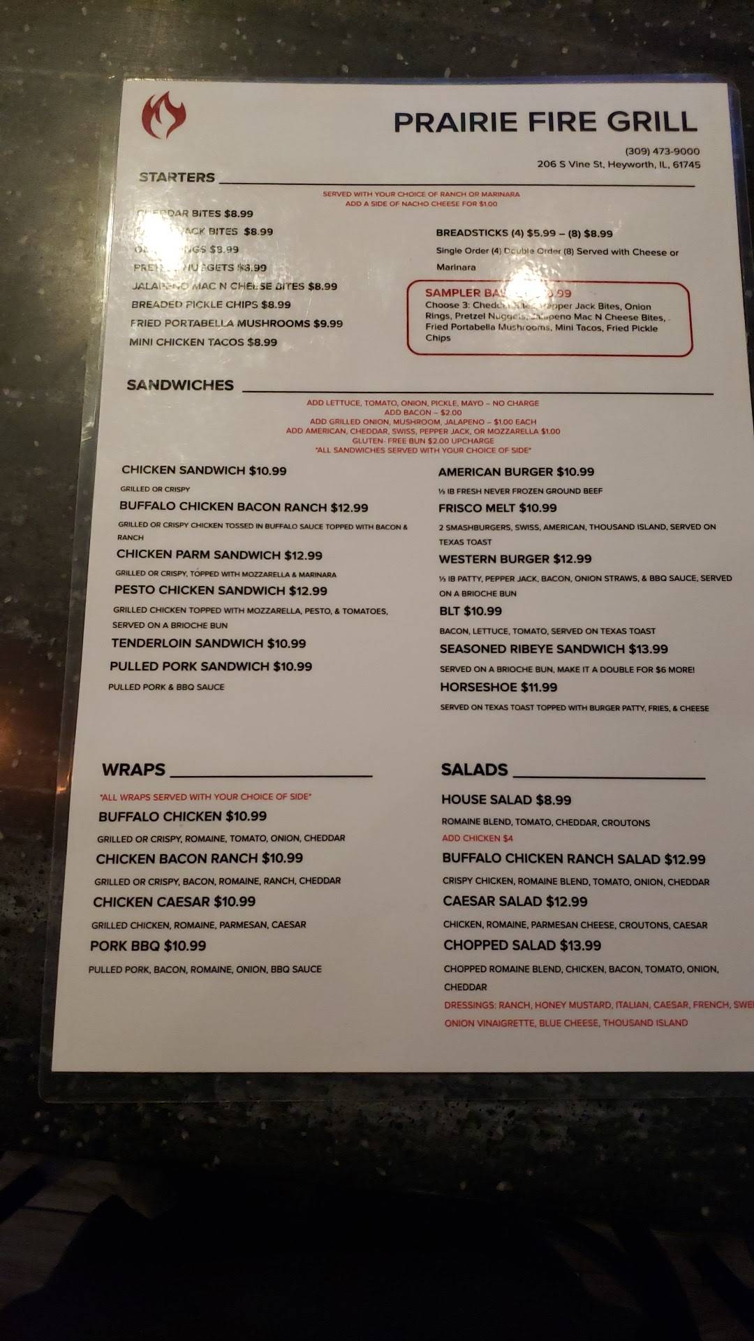 Menu at Prairie Fire Grill pizzeria, Heyworth