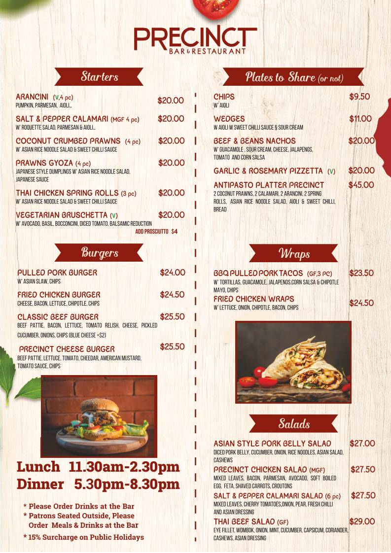 Menu at Precinct Bar & Restaurant, Wangaratta