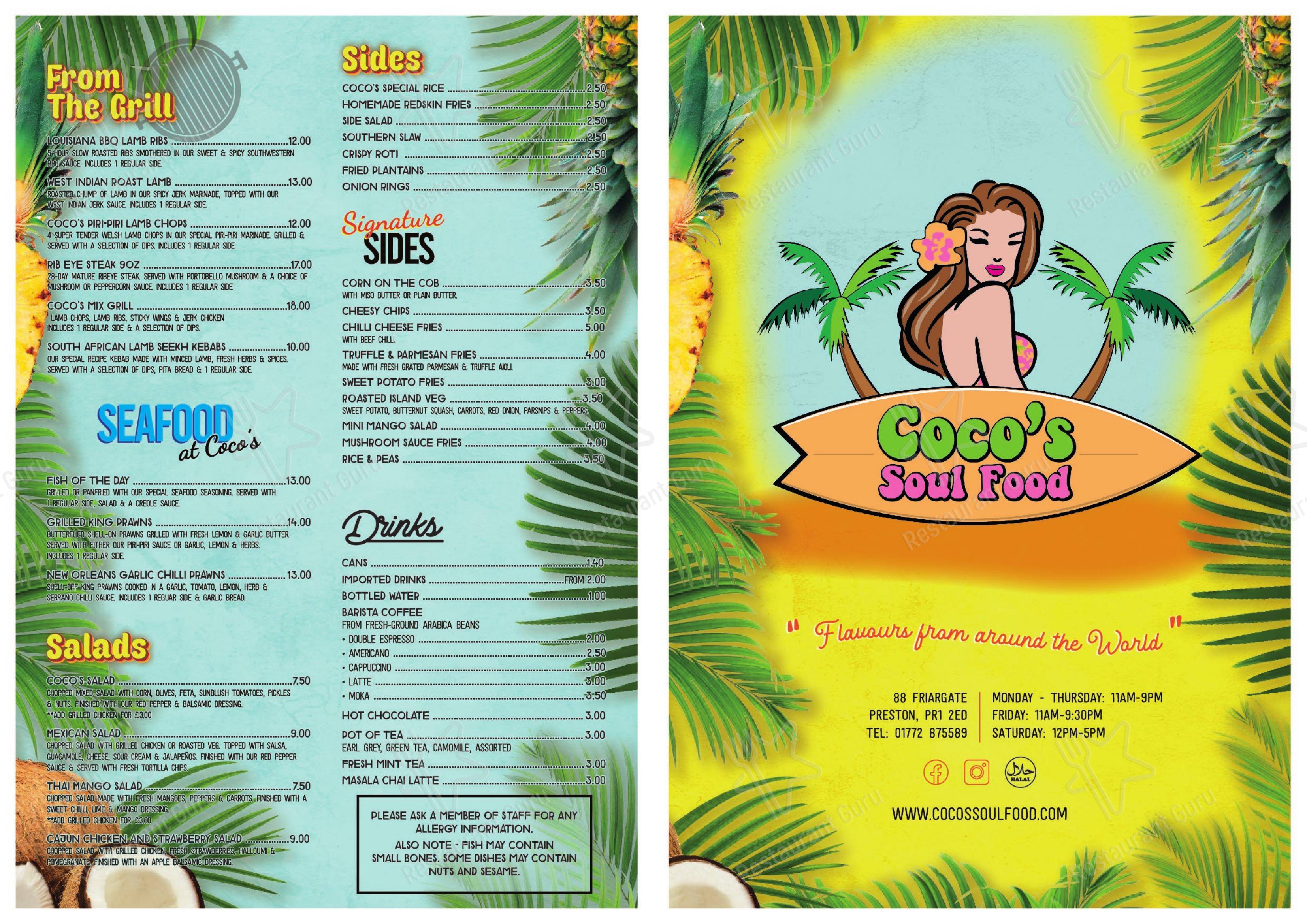 Carta del café Coco's Soul Food, Preston