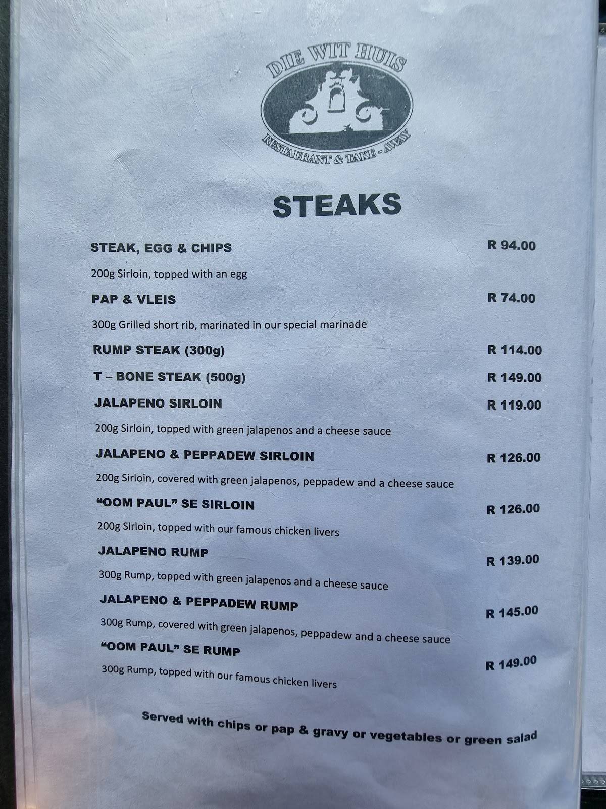 Menu at Die Wit Huis restaurant, Pretoria