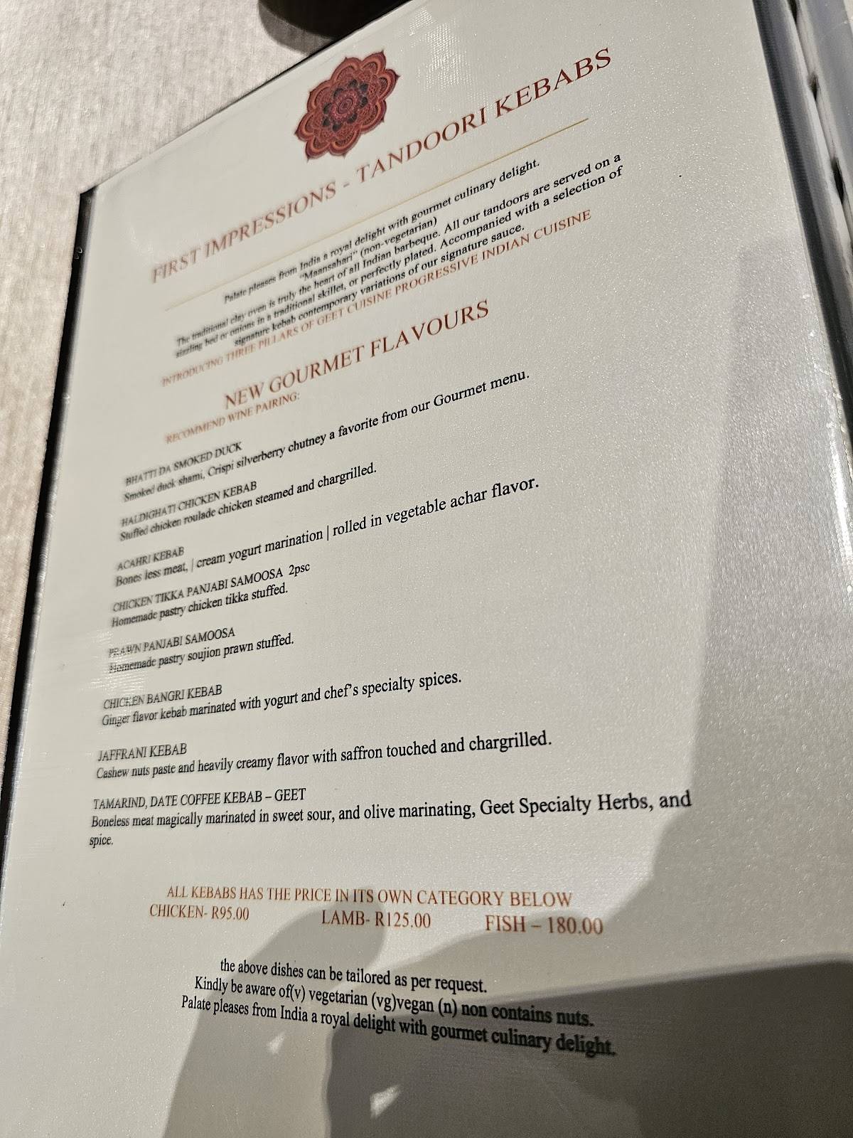 Menu at Geet Indian Restaurant, Pretoria