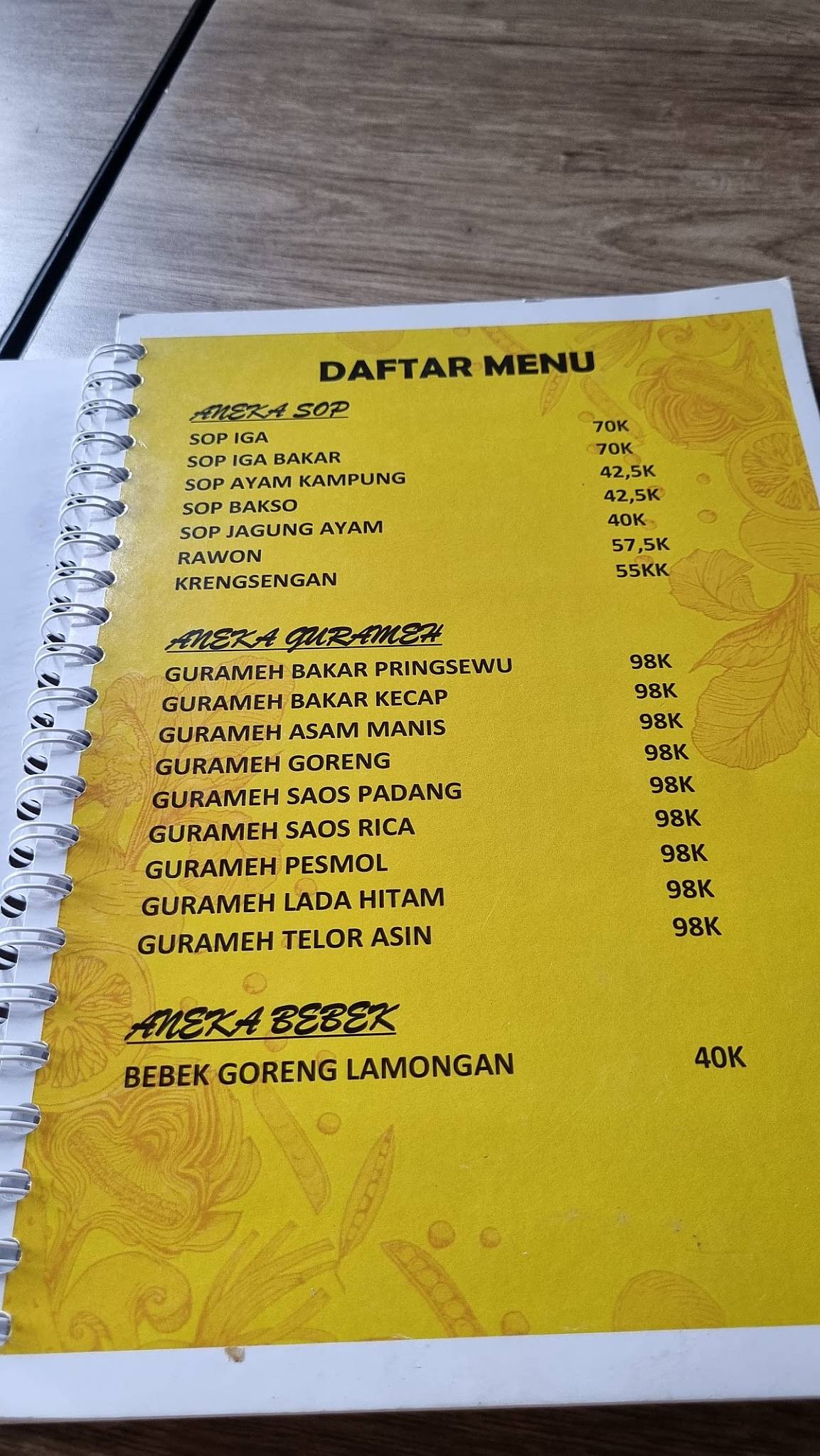 Menu at Pringsewu Kota Lama Semarang restaurant, Semarang